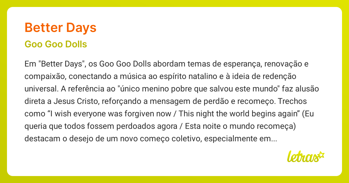 Significado da música BETTER DAYS (Goo Goo Dolls) - LETRAS.MUS.BR