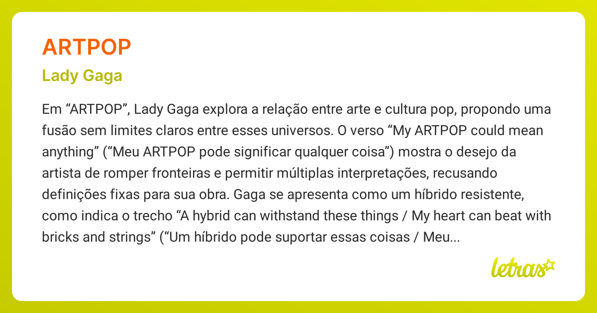 Significado da música ARTPOP (Lady Gaga) - LETRAS.MUS.BR