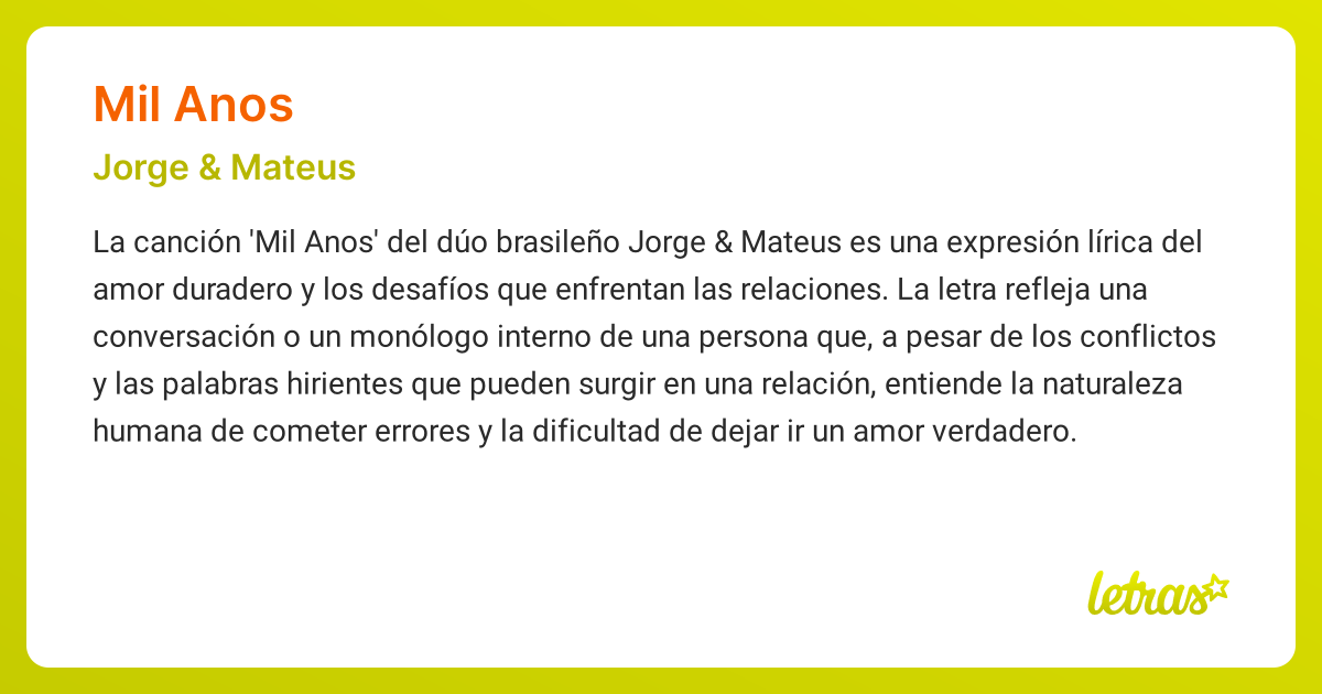 Significado de la canción MIL ANOS (Jorge & Mateus) - LETRAS.COM