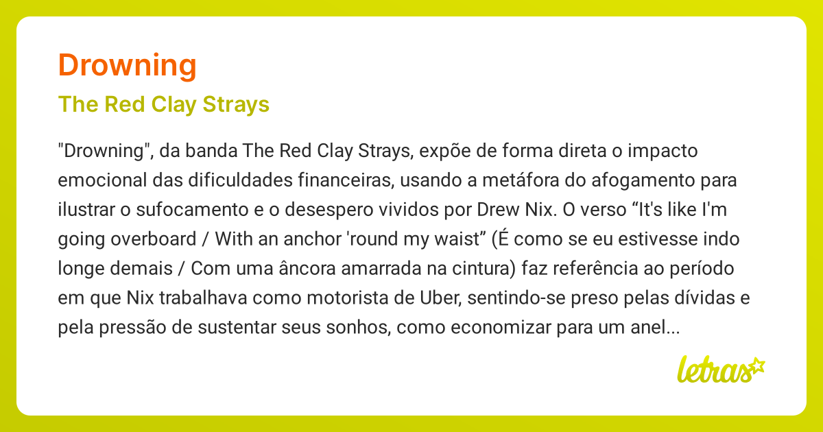 Significado da música DROWNING (The Red Clay Strays) - LETRAS.MUS.BR