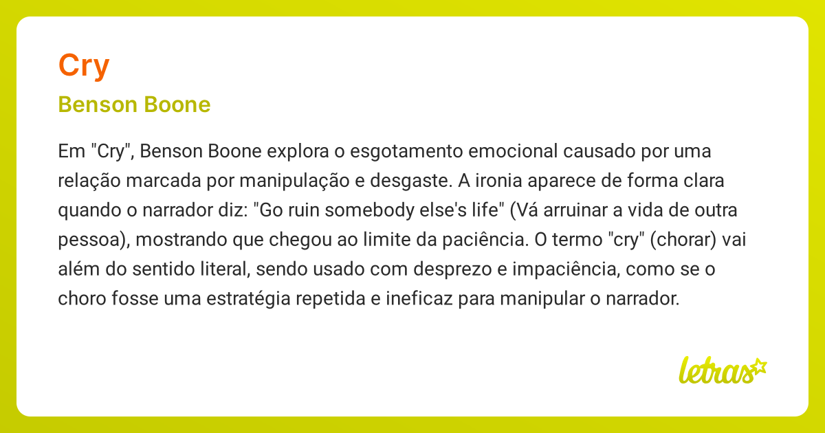 Significado da música CRY (Benson Boone) - LETRAS.MUS.BR