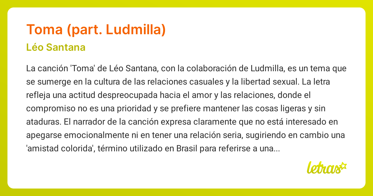 Significado de la canción TOMA (PART. LUDMILLA) (Léo Santana) - LETRAS.COM