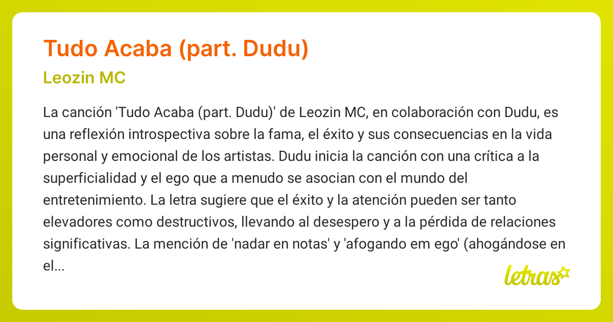 Significado de la canción TUDO ACABA (PART. DUDU) (Leozin MC) - LETRAS.COM
