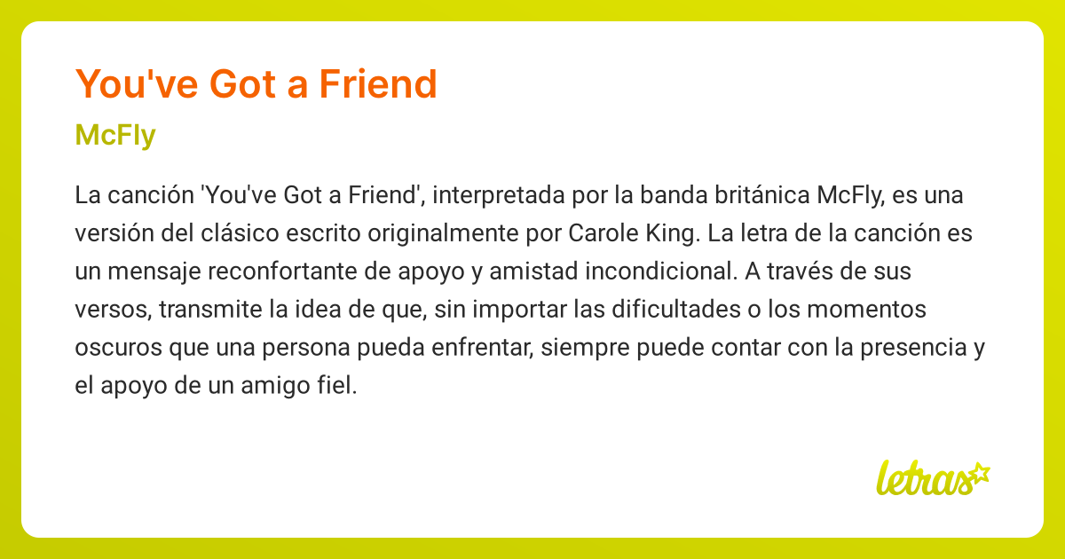 Significado de la canción YOU'VE GOT A FRIEND (McFly) - LETRAS.COM