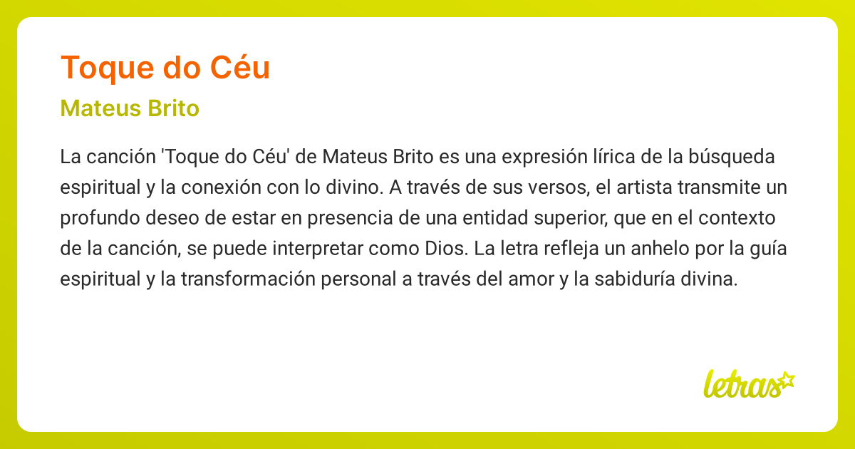 Significado de la canción TOQUE DO CÉU (Mateus Brito) - LETRAS.COM