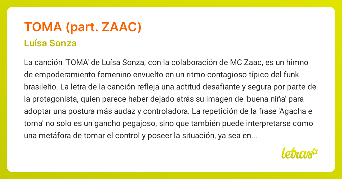 Significado de la canción TOMA (PART. ZAAC) (Luísa Sonza) - LETRAS.COM
