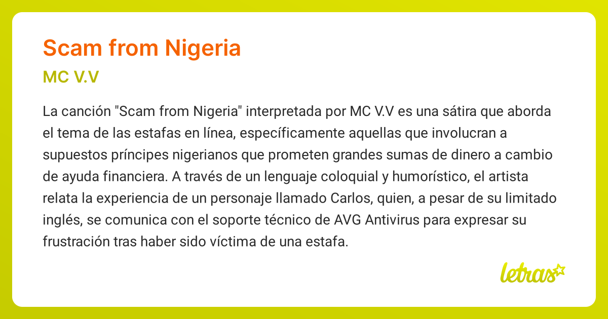 Significado de la canción SCAM FROM NIGERIA (MC V.V) - LETRAS.COM
