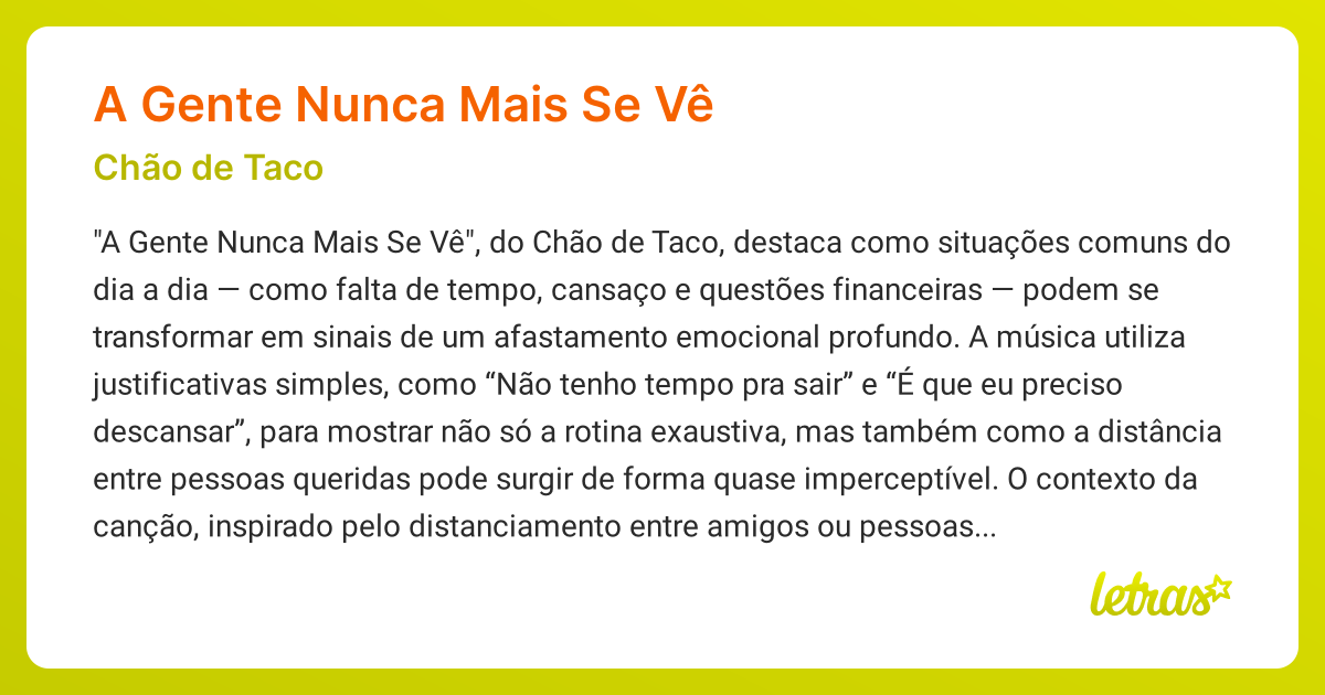 Significado da música A GENTE NUNCA MAIS SE VÊ (Chão de Taco) - LETRAS ...