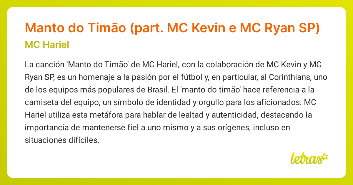Significado de la canción Manto do Timão (part. MC Kevin e MC Ryan SP ...