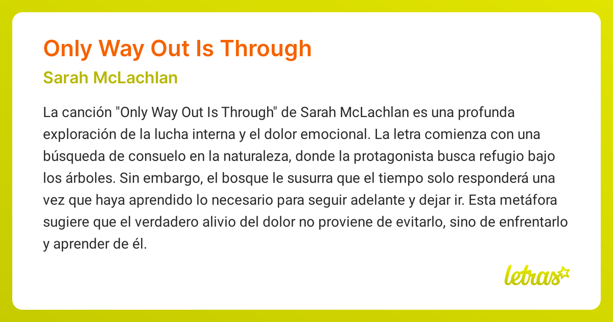 Significado de la canción ONLY WAY OUT IS THROUGH (Sarah McLachlan ...