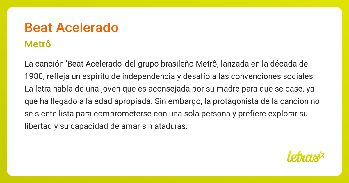 Significado de la canción BEAT ACELERADO (Metrô) - LETRAS.COM
