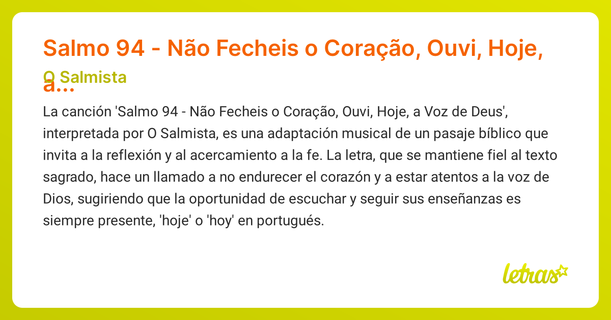 Significado de la canción Salmo 94 - Não Fecheis o Coração, Ouvi, Hoje ...