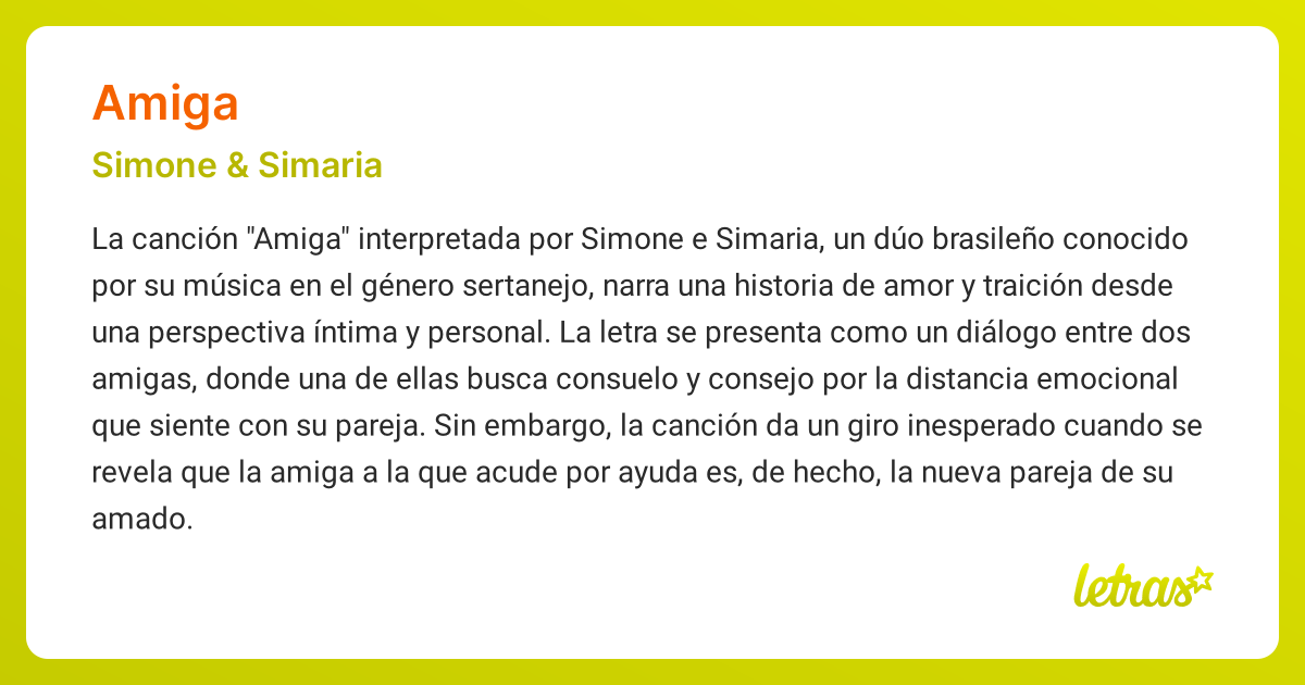 Significado de la canción AMIGA (Simone & Simaria) - LETRAS.COM