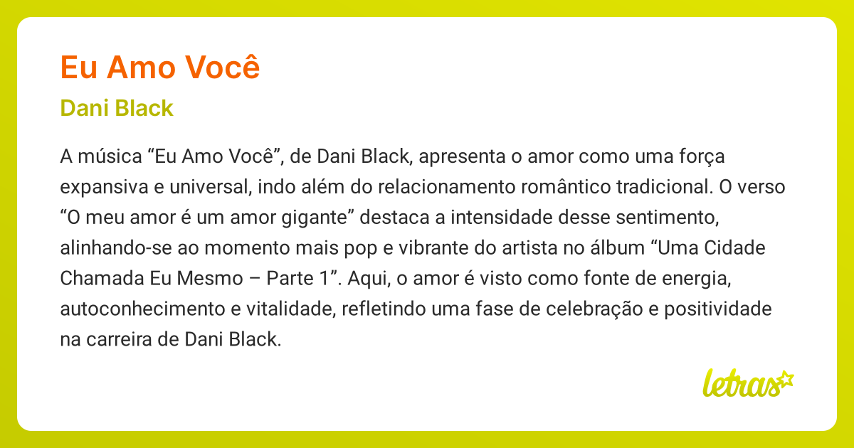 Significado da música EU AMO VOCÊ (Dani Black) - LETRAS.MUS.BR