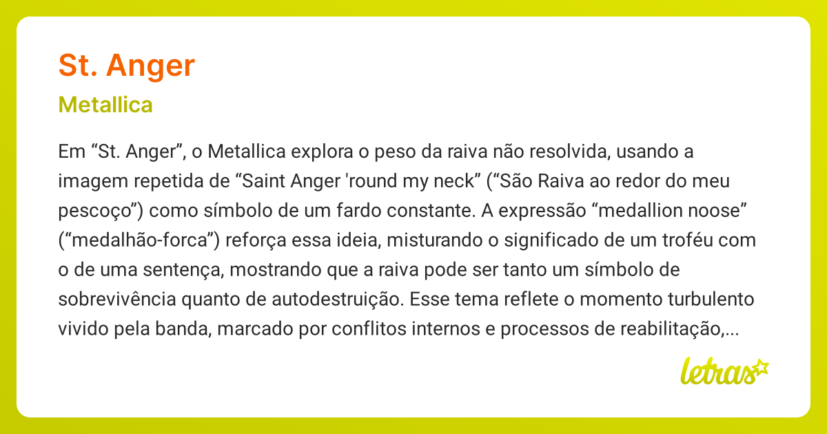 Significado da música ST. ANGER (Metallica) - LETRAS.MUS.BR