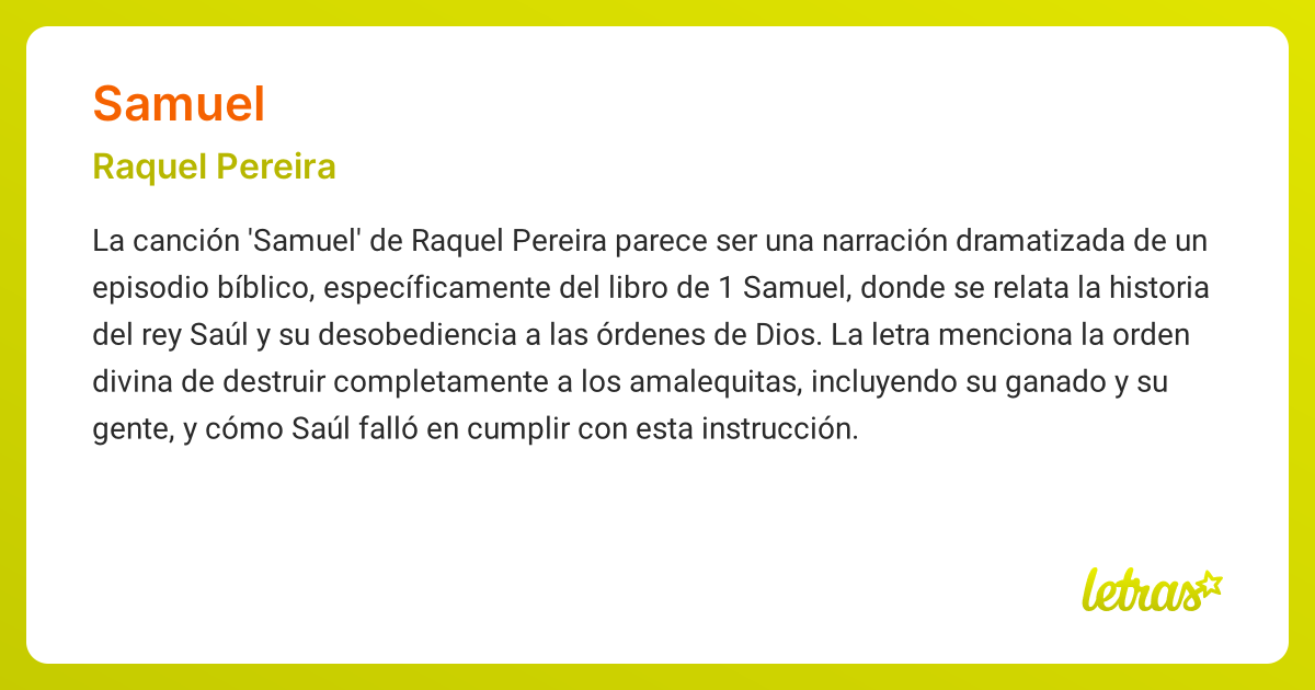 Significado de la canción SAMUEL (Raquel Pereira) - LETRAS.COM