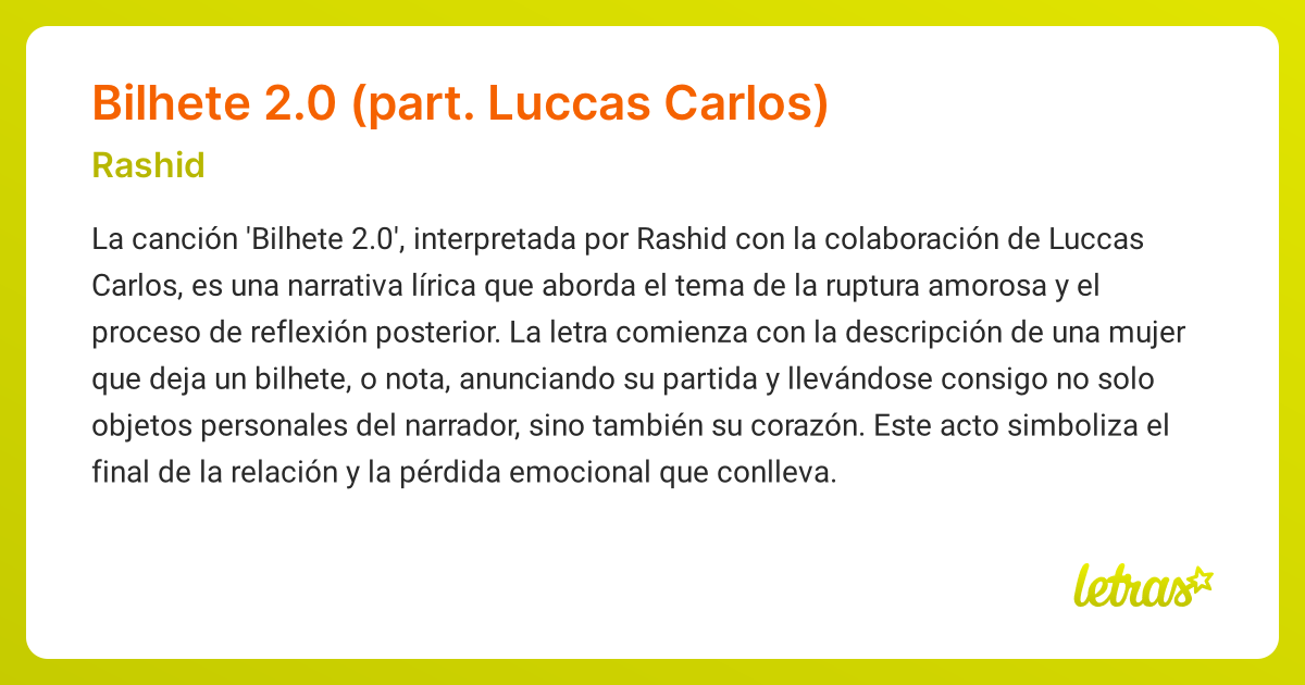 Significado de la canción Bilhete 2.0 (part. Luccas Carlos) (Rashid ...