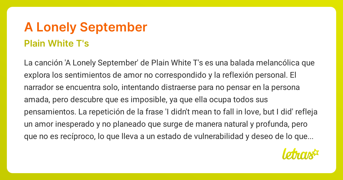 Significado de la canción A LONELY SEPTEMBER (Plain White T's) - LETRAS.COM