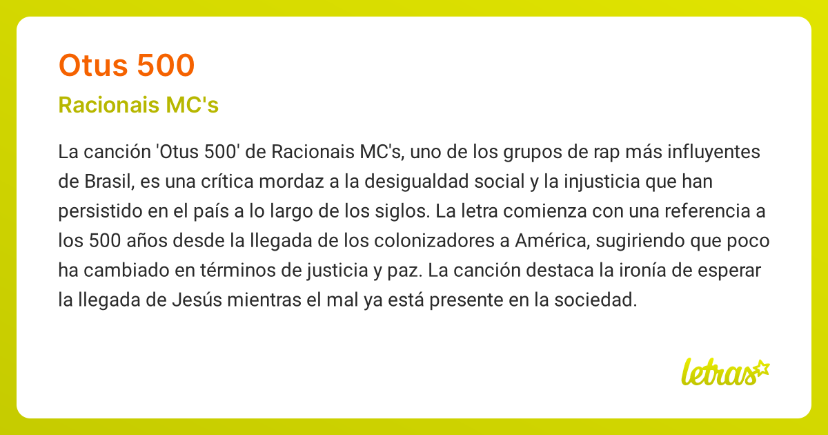Significado de la canción OTUS 500 (Racionais MC's) - LETRAS.COM