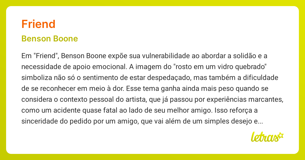 Significado da música FRIEND (Benson Boone) - LETRAS.MUS.BR