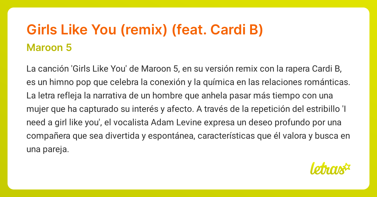 Significado de la canción Girls Like You (remix) (feat. Cardi B ...