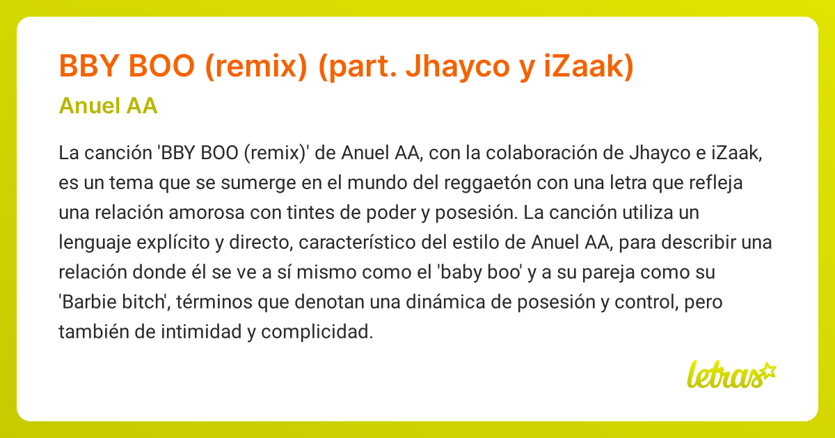Significado de la canción BBY BOO (remix) (part. Jhayco y iZaak) (Anuel ...