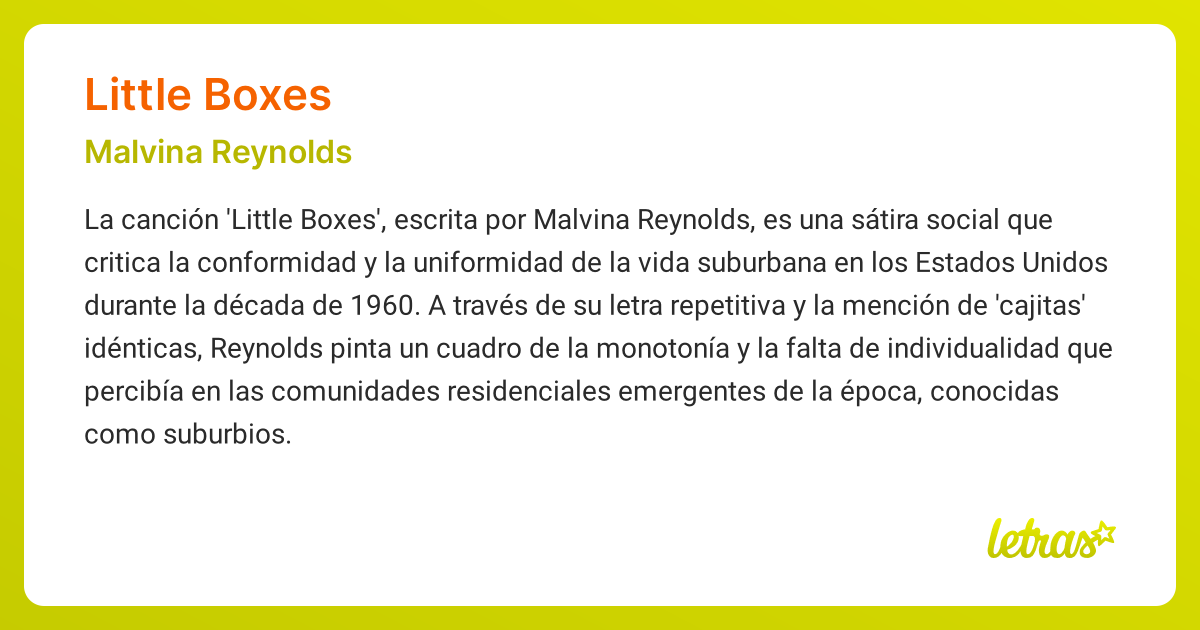 Significado de la canción LITTLE BOXES (Malvina Reynolds) - LETRAS.COM
