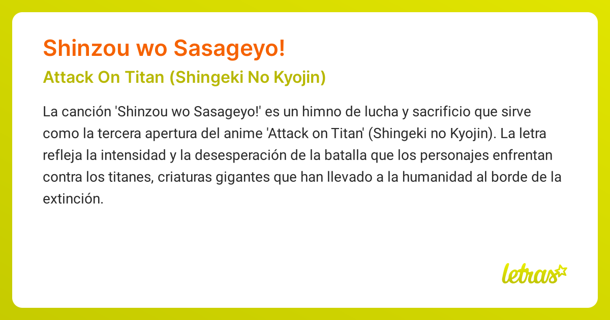 Significado de la canción SHINZOU WO SASAGEYO! (Attack On Titan (Shingeki No Kyojin)) - LETRAS.COM