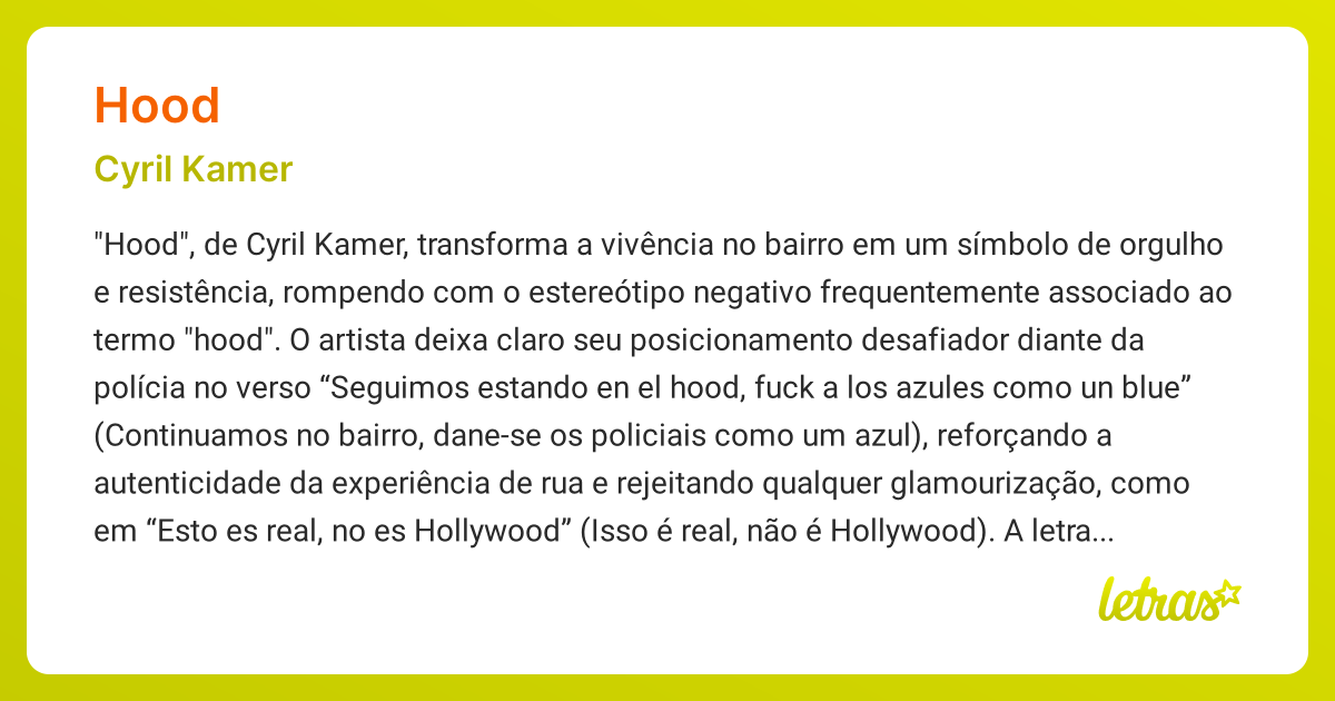 Significado da música HOOD (Cyril Kamer) - LETRAS.MUS.BR