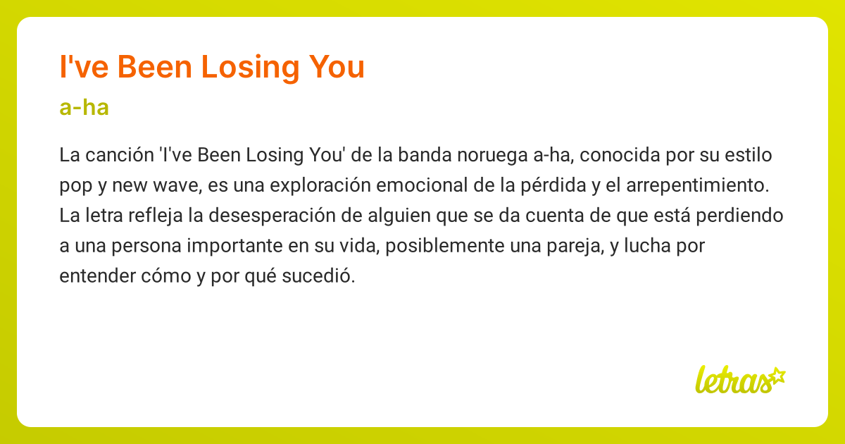 Significado de la canción I'VE BEEN LOSING YOU (a-ha) - LETRAS.COM
