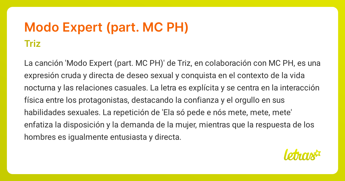 Significado de la canción MODO EXPERT (PART. MC PH) (Triz) - LETRAS.COM