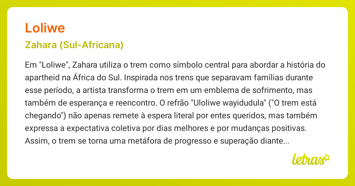 Significado da música LOLIWE (Zahara (Sul-Africana)) - LETRAS.MUS.BR