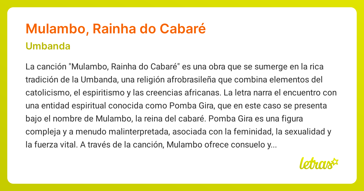 Significado de la canción MULAMBO, RAINHA DO CABARÉ (Umbanda) - LETRAS.COM