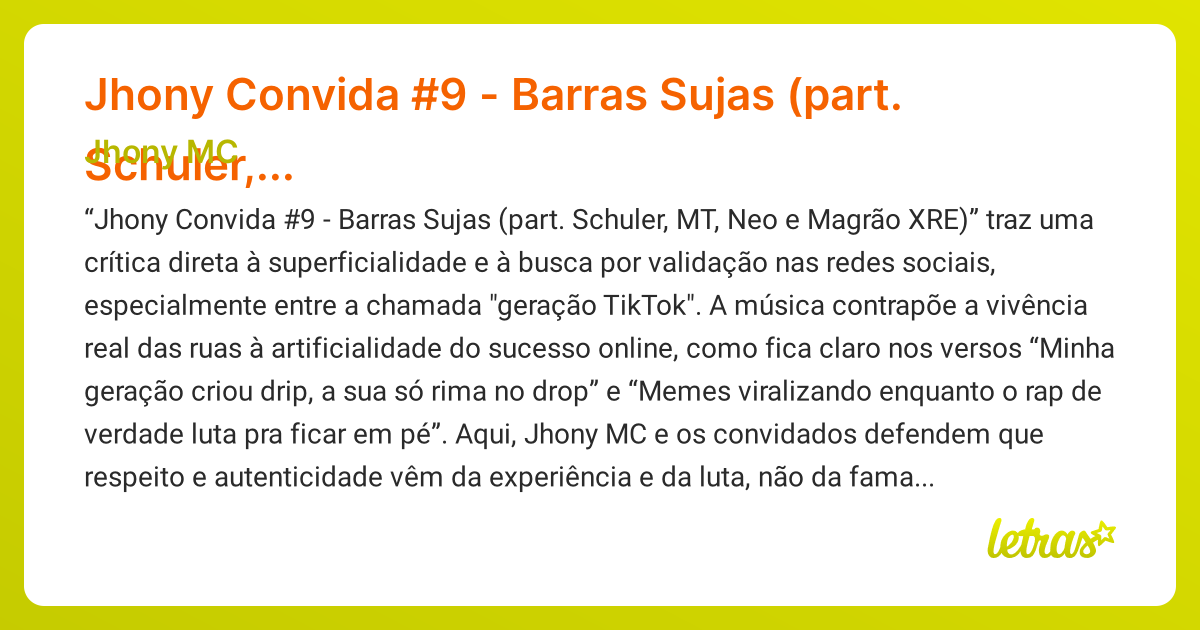 Significado da música Jhony Convida #9 - Barras Sujas (part. Schuler ...