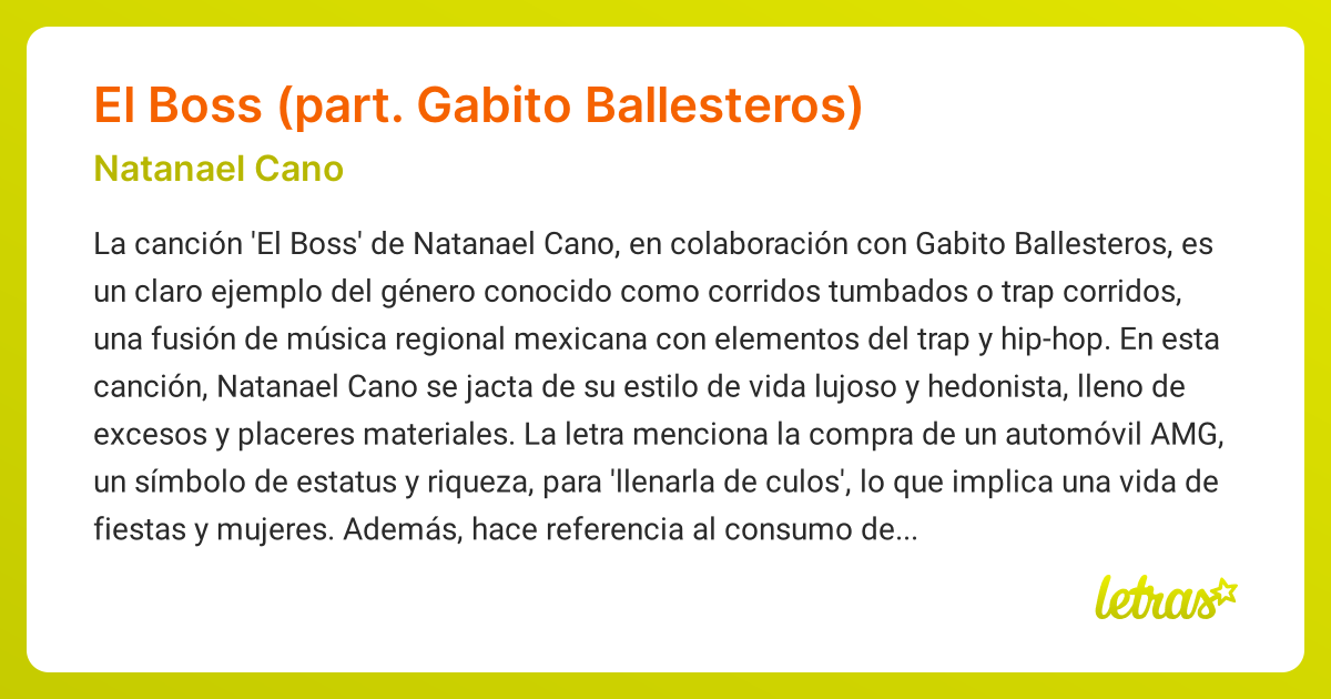 Significado de la canción El Boss (part. Gabito Ballesteros) (Natanael Cano) - LETRAS.COM
