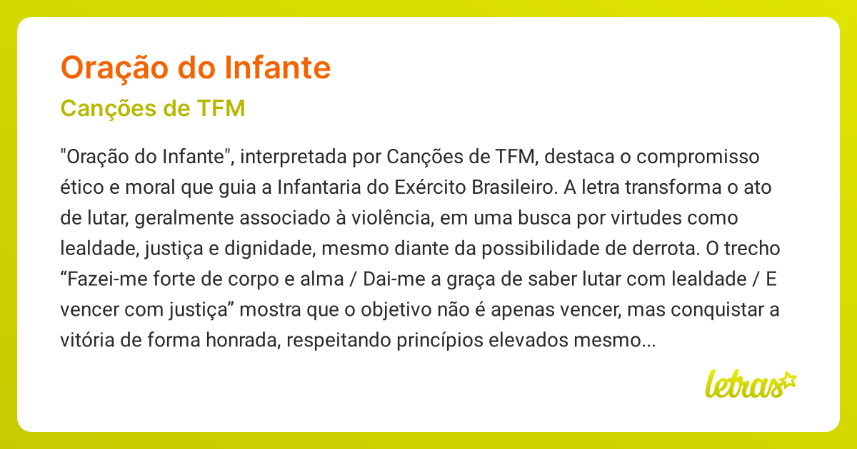 Significado da música ORAÇÃO DO INFANTE (Canções de TFM) - LETRAS.MUS.BR