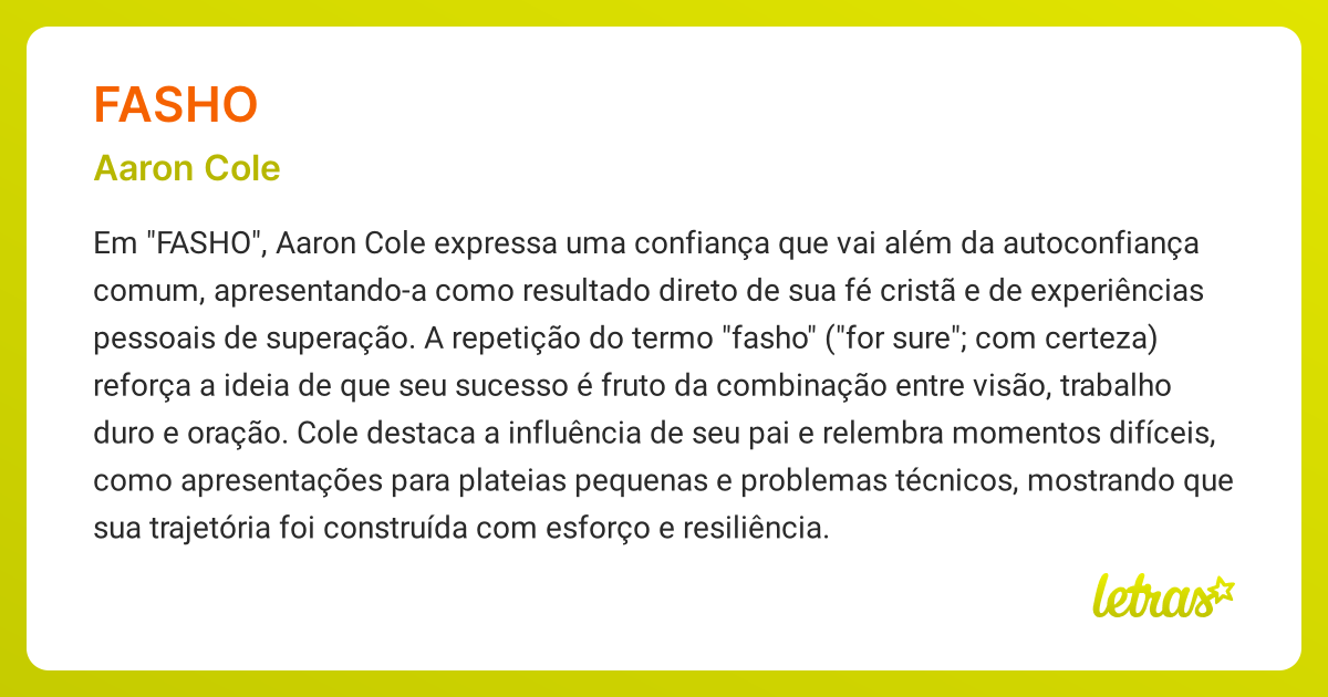 Significado da música FASHO (Aaron Cole) - LETRAS.MUS.BR