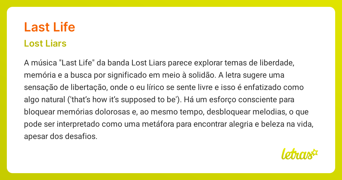 Significado da música LAST LIFE (Lost Liars) - LETRAS.MUS.BR