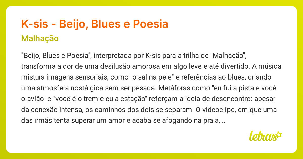 Significado da música K-SIS - BEIJO, BLUES E POESIA (Malhação) - LETRAS ...