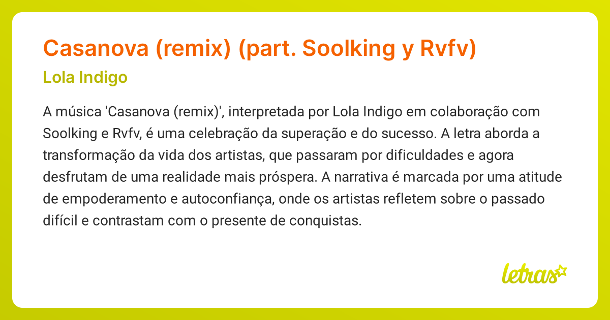Significado da música Casanova (remix) (part. Soolking y Rvfv) (Lola ...