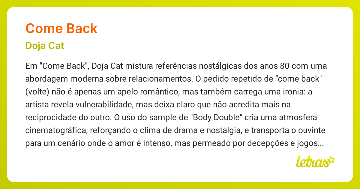 Significado da música COME BACK (Doja Cat) - LETRAS.MUS.BR