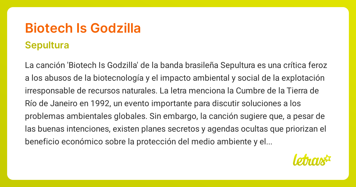 Significado de la canción BIOTECH IS GODZILLA (Sepultura) - LETRAS.COM