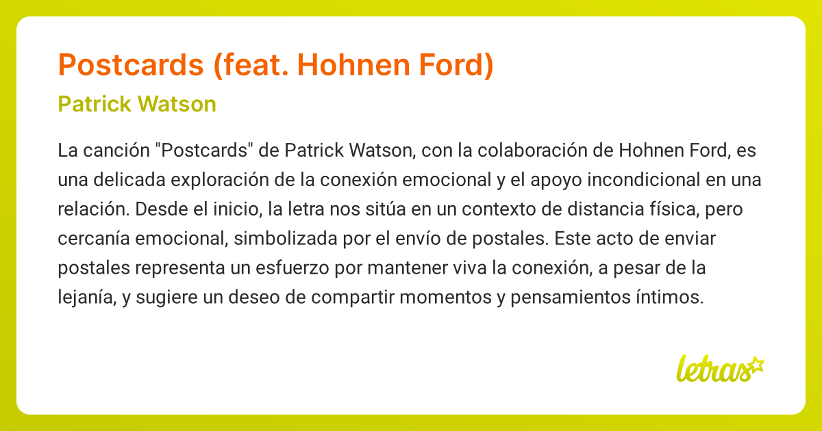 Significado de la canción POSTCARDS (FEAT. HOHNEN FORD) (Patrick Watson ...