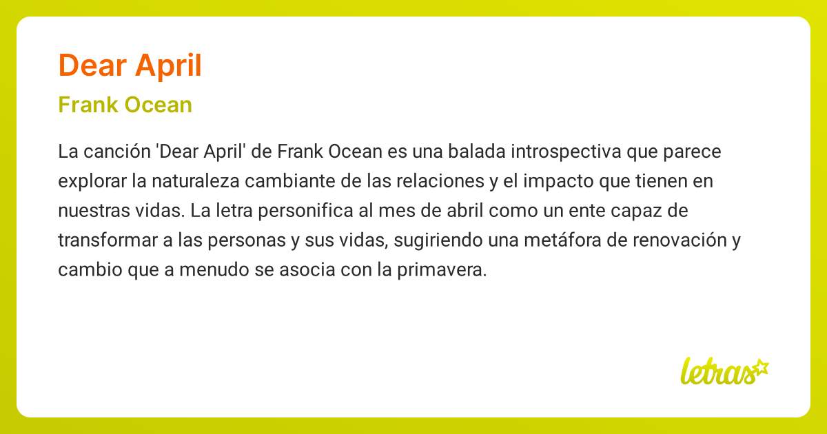 Significado de la canción DEAR APRIL (Frank Ocean) - LETRAS.COM