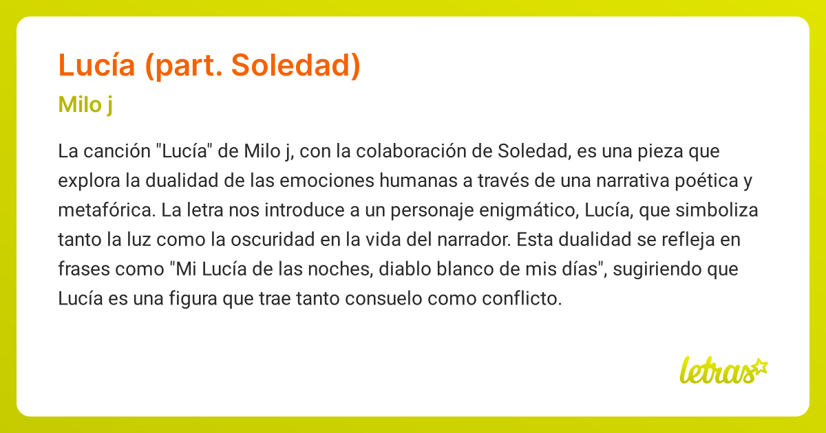 Significado de la canción LUCÍA (PART. SOLEDAD) (Milo j) - LETRAS.COM