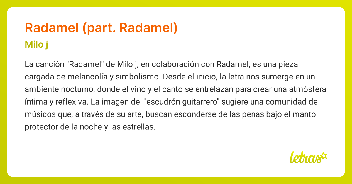 Significado de la canción RADAMEL (PART. RADAMEL) (Milo j) - LETRAS.COM