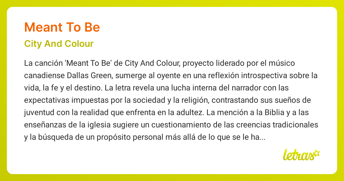 Significado de la canción MEANT TO BE (City And Colour) - LETRAS.COM
