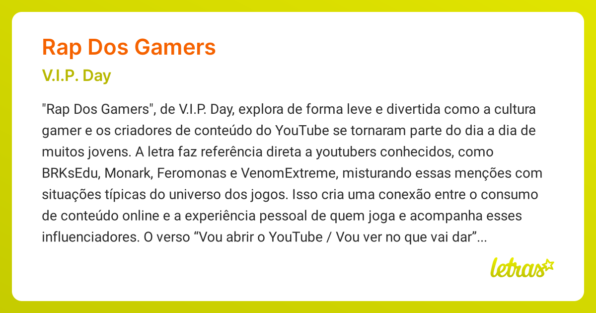 Significado da música RAP DOS GAMERS (V.I.P. Day) - LETRAS.MUS.BR