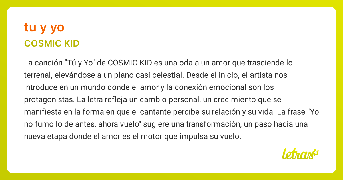 Significado de la canción TU Y YO (COSMIC KID) - LETRAS.COM
