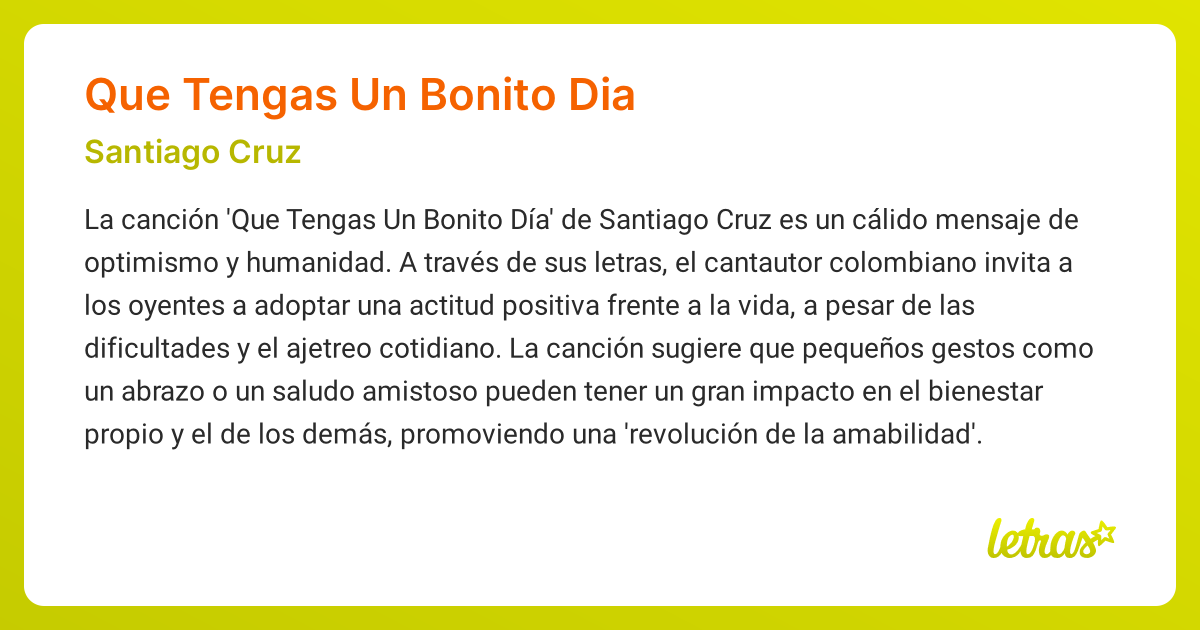 Significado de la canción QUE TENGAS UN BONITO DIA (Santiago Cruz ...